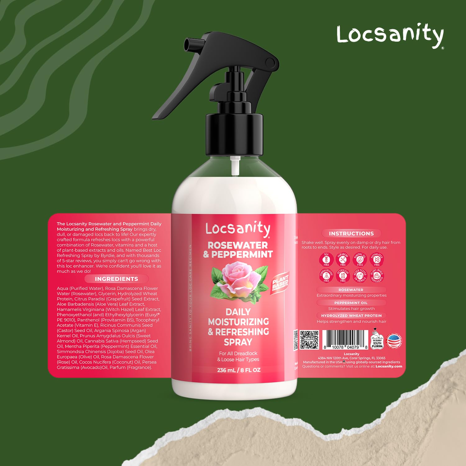 Locsanity Daily Moisturizing Refreshing Spray for Locs, Dreadlocks - Rose Water and Peppermint Hair Scalp Moisturizer, Dreadlock Spray - Natural Loc Care and Maintenance (8oz)