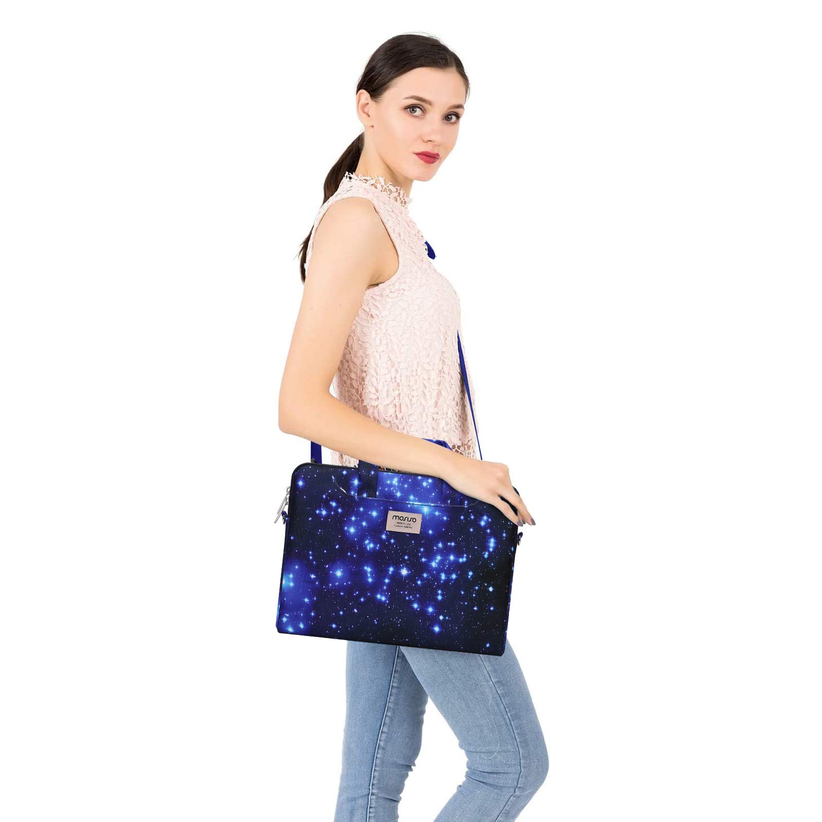 MOSISO Laptop Shoulder Bag Compatible with MacBook Air/Pro,13-13.3 inch Notebook,Compatible with MacBook Pro 14 inch 2023-2021 A2779 M2 A2442 M1,Starry Night Carrying Sleeve Case with Belt, Black