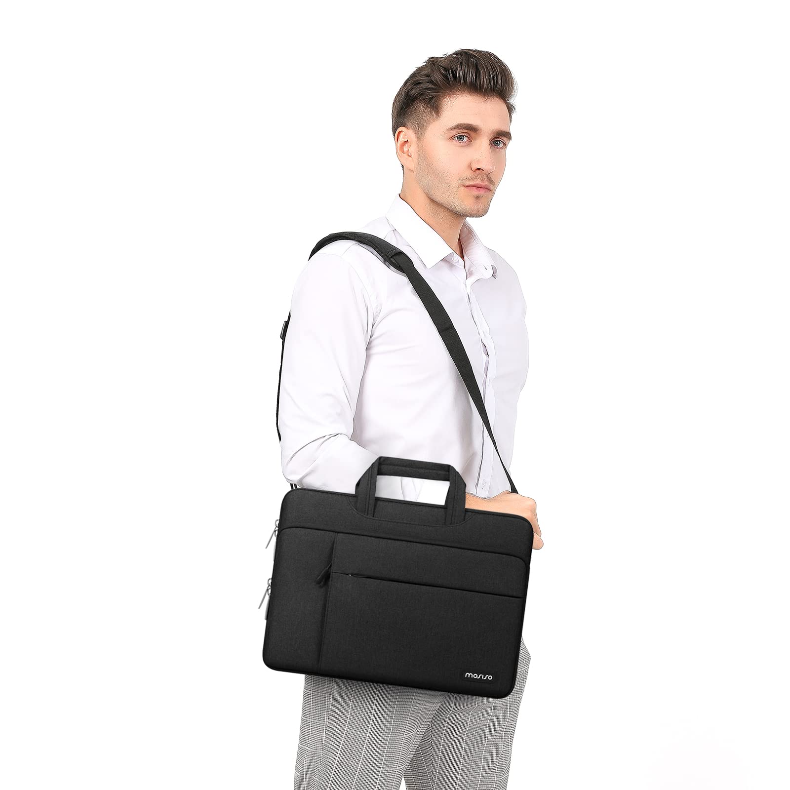 MOSISO Laptop Shoulder Bag Compatible with MacBook Air/Pro,13-13.3 inch Notebook,Compatible with MacBook Pro 14 inch 2023-2021 A2779 M2 A2442 M1 with Vertical & Horizontal & Raised Pockets, Black