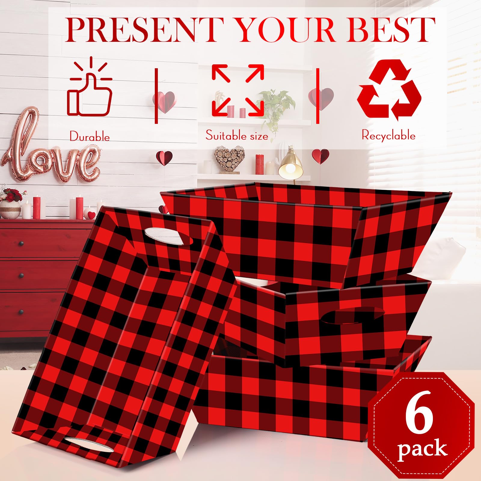 22 Pcs Basket for Gifts Empty Kit Includes 6 Pcs Gift Basket Empty to Fill 6 Pcs Clear Gift Bags 10 Pull Bows Market Tray Favor for Valentines Wedding Holiday Birthday Gift Package (Red Black Plaid)