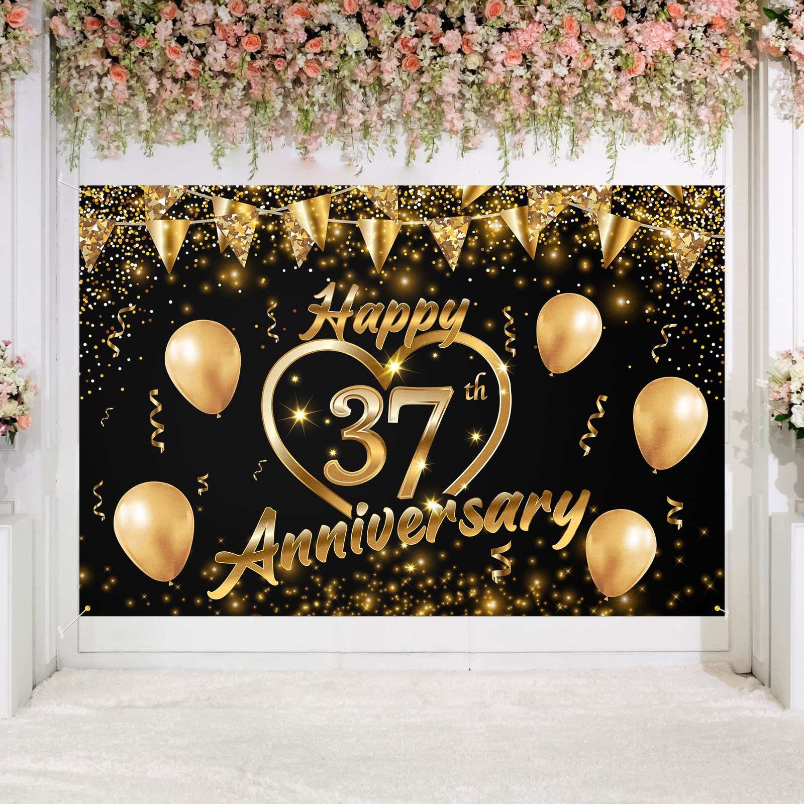 Happy 43rd Anniversary Backdrop Banner Decor Black Gold – Glitter Love Heart Happy 43 Years Wedding Anniversary Party 3.9 x 5.9 ft