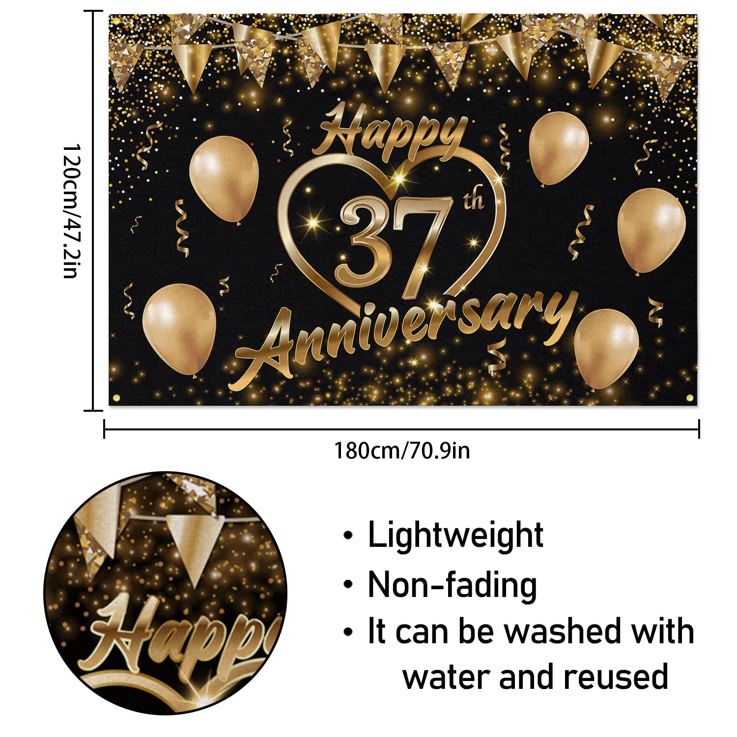 Happy 43rd Anniversary Backdrop Banner Decor Black Gold β Glitter Love Heart Happy 43 Years Wedding Anniversary Party 3.9 x 5.9 ft