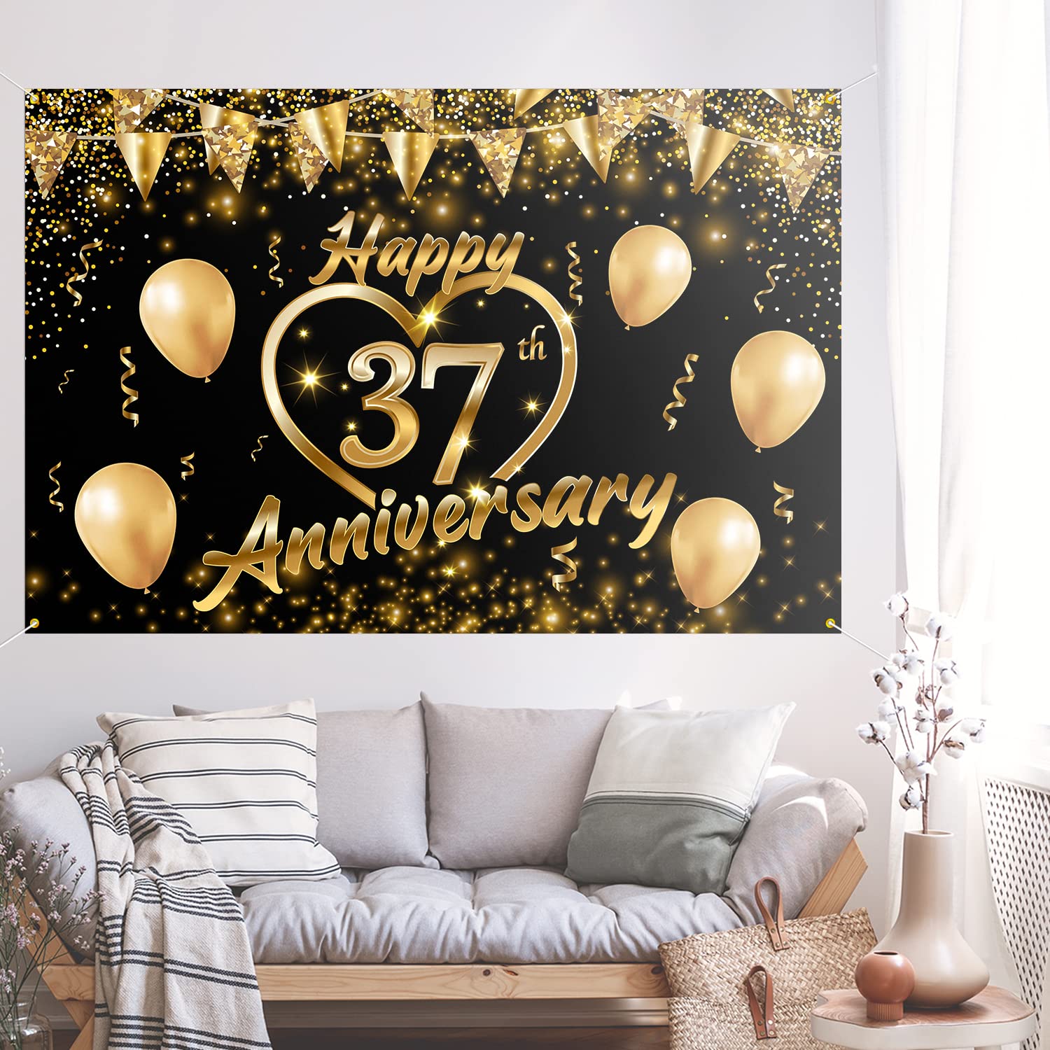 Happy 43rd Anniversary Backdrop Banner Decor Black Gold β Glitter Love Heart Happy 43 Years Wedding Anniversary Party 3.9 x 5.9 ft