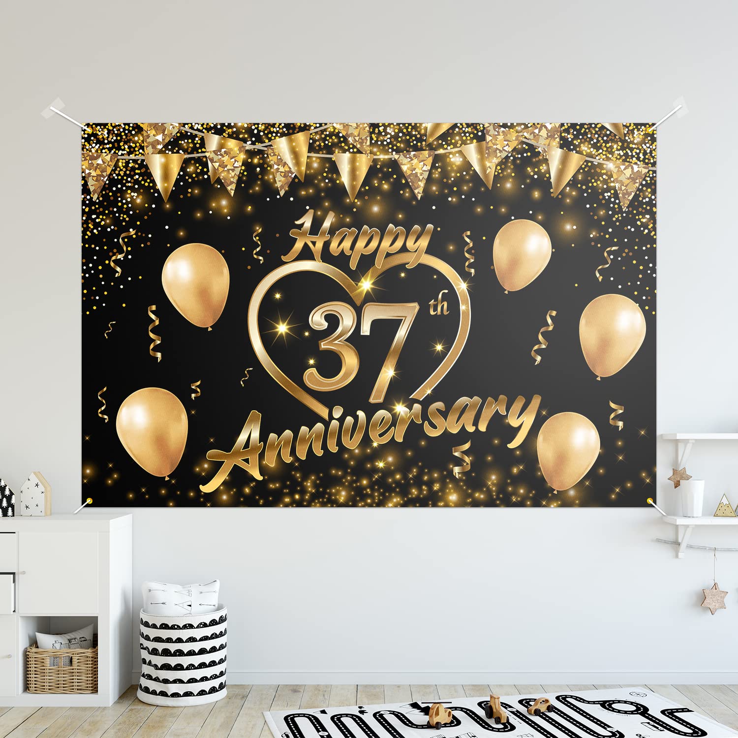 Happy 43rd Anniversary Backdrop Banner Decor Black Gold β Glitter Love Heart Happy 43 Years Wedding Anniversary Party 3.9 x 5.9 ft