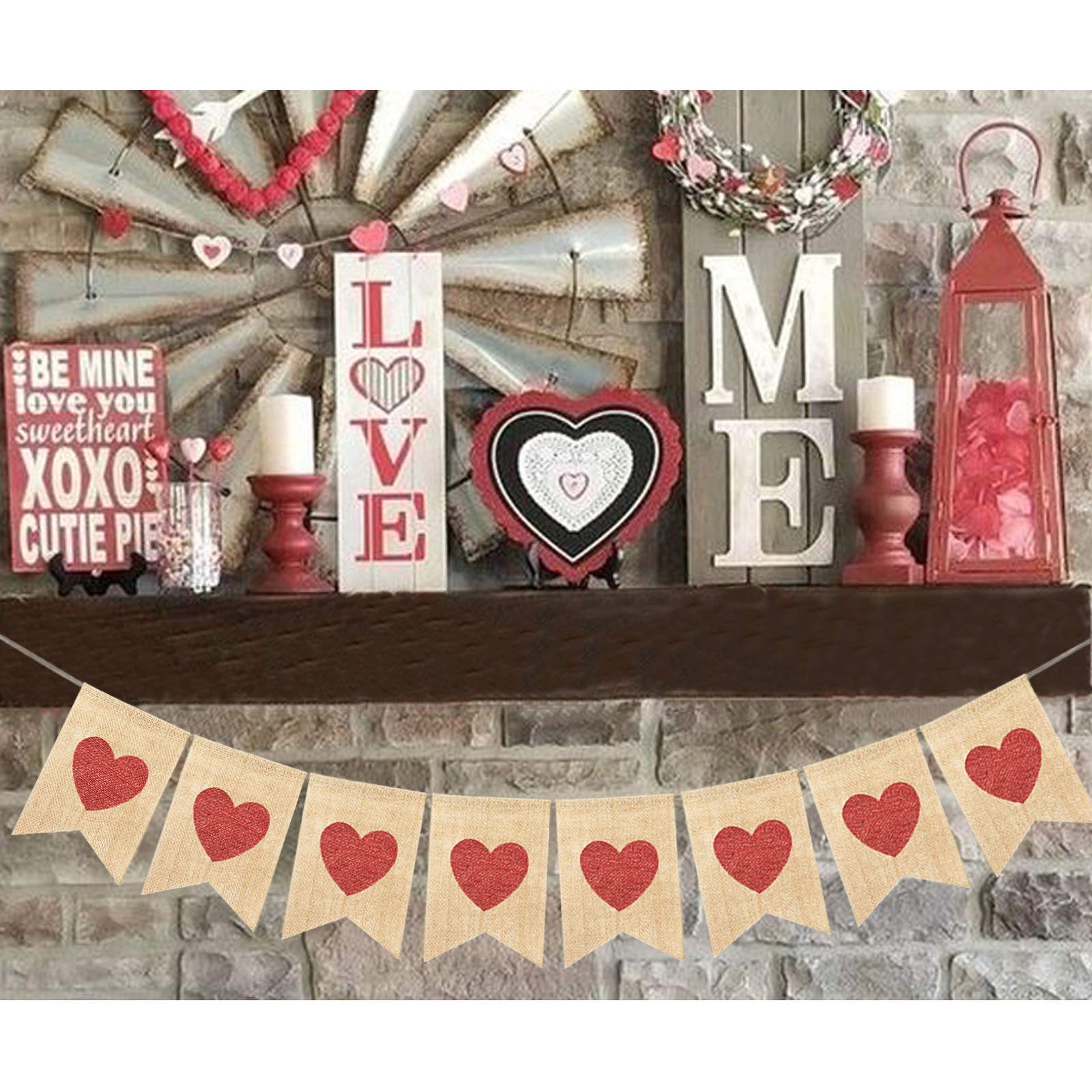 Uniwish Red Heart Banner Valentine’s Day Decorations Rustic Wedding Engagement Photo Props Love Garland Hearts Hanging Ornament Valentines Home Decor