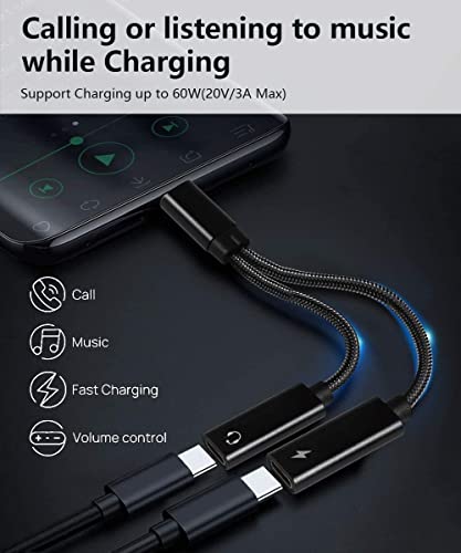 USB C Splitter, Dual USB C Headphones and Charger Adapter with PD 60W Fast Charging for Pixel 3 4 5 6 7 XL,Samsung Galaxy S23 S22 S21 S21+ Note 20/Note 10/10+ and More