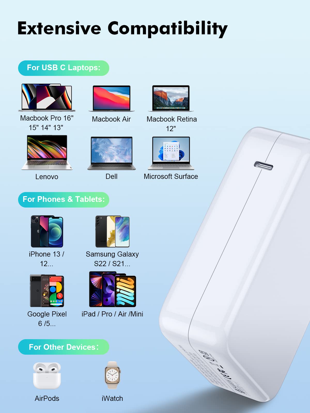 140W USB-C Power Adapter, Mac Book Pro Charger Foldable PD3.1 PPS Fast GaN Wall Charger Compatible with MacBook Pro 16" 14" Air 13" Retina M1 / M2 2023 2022 2021 2020 Laptop, Included 6.8ft C-C Cable