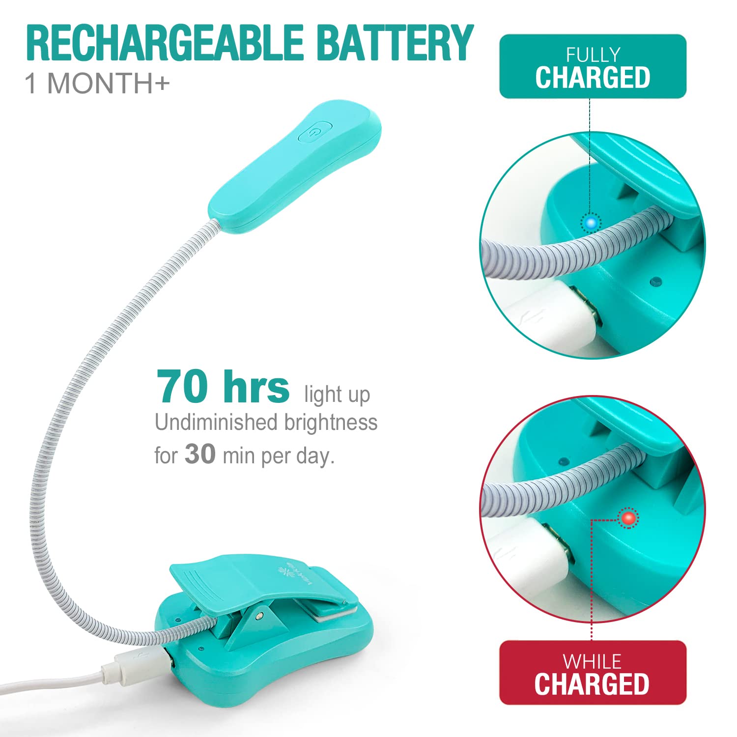 Vekkia/LuminoLite Rechargeable Book Light, 3 Colortemperature × 3 Brightness, Reading Lights for Reading in Bed, Up to 70 Hours Lighting, Great for Readers, Travel (Turquoise)