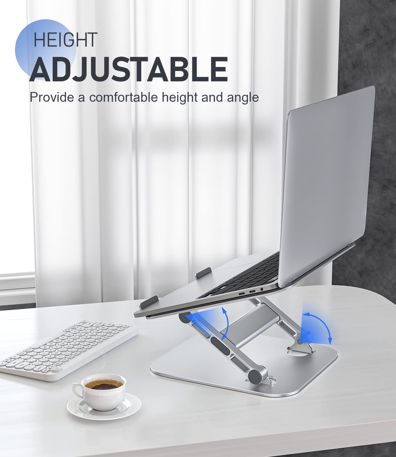 AOEVI Laptop Stand with Stable Support, Adjustable Laptop Riser for Desk, Aluminum Computer Stand Notebook Holder Compatible with MacBook Air Pro, Dell XPS, HP, Lenovo, Silver