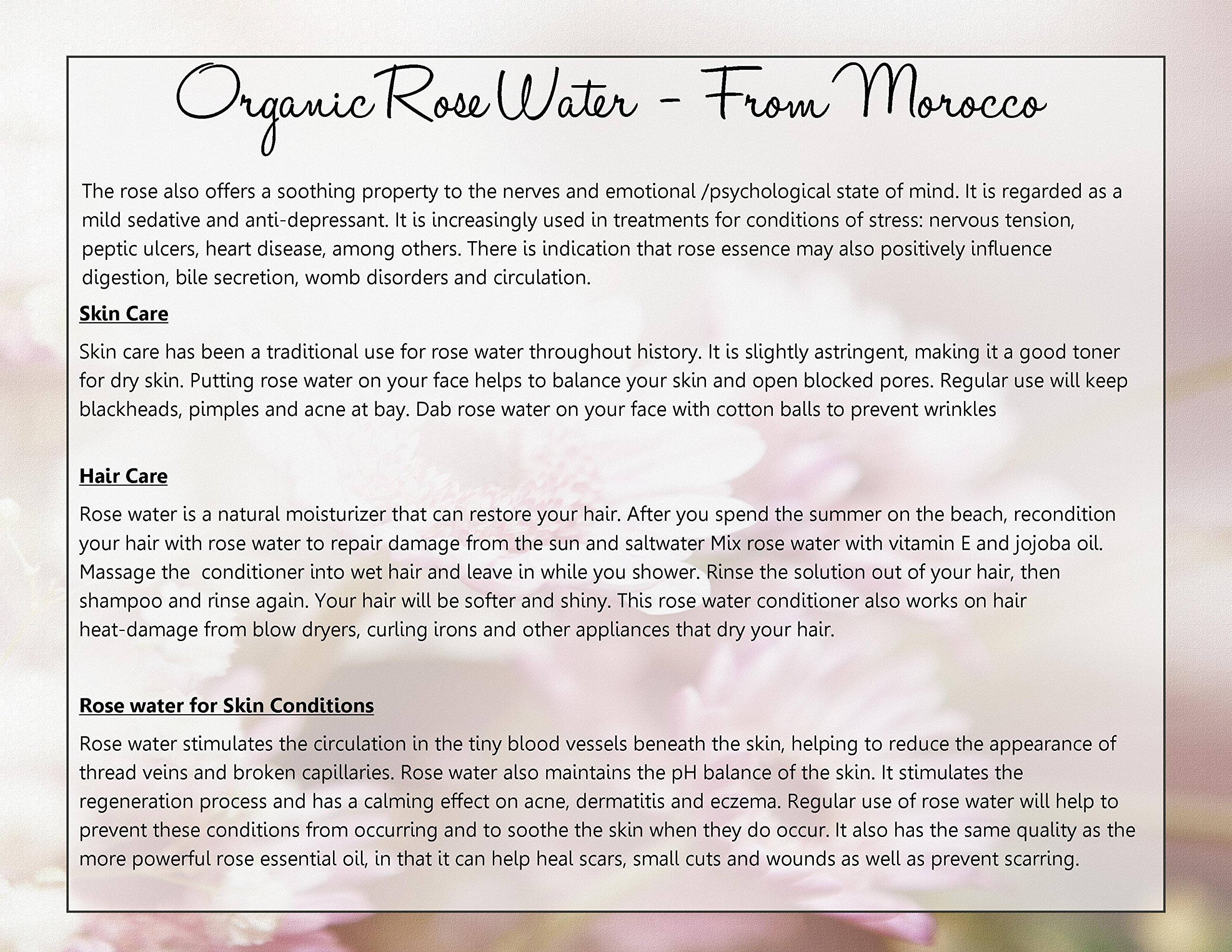 Premium Organic Moroccan Rose Water - 4oz W/Sprayer - Imported From Morocco - 100% Pure (Food Grade) No Oils or Alcohol - Rich in Vitamin A & C Perfect for Hydrating & Rejuvenating Your Face & Neck