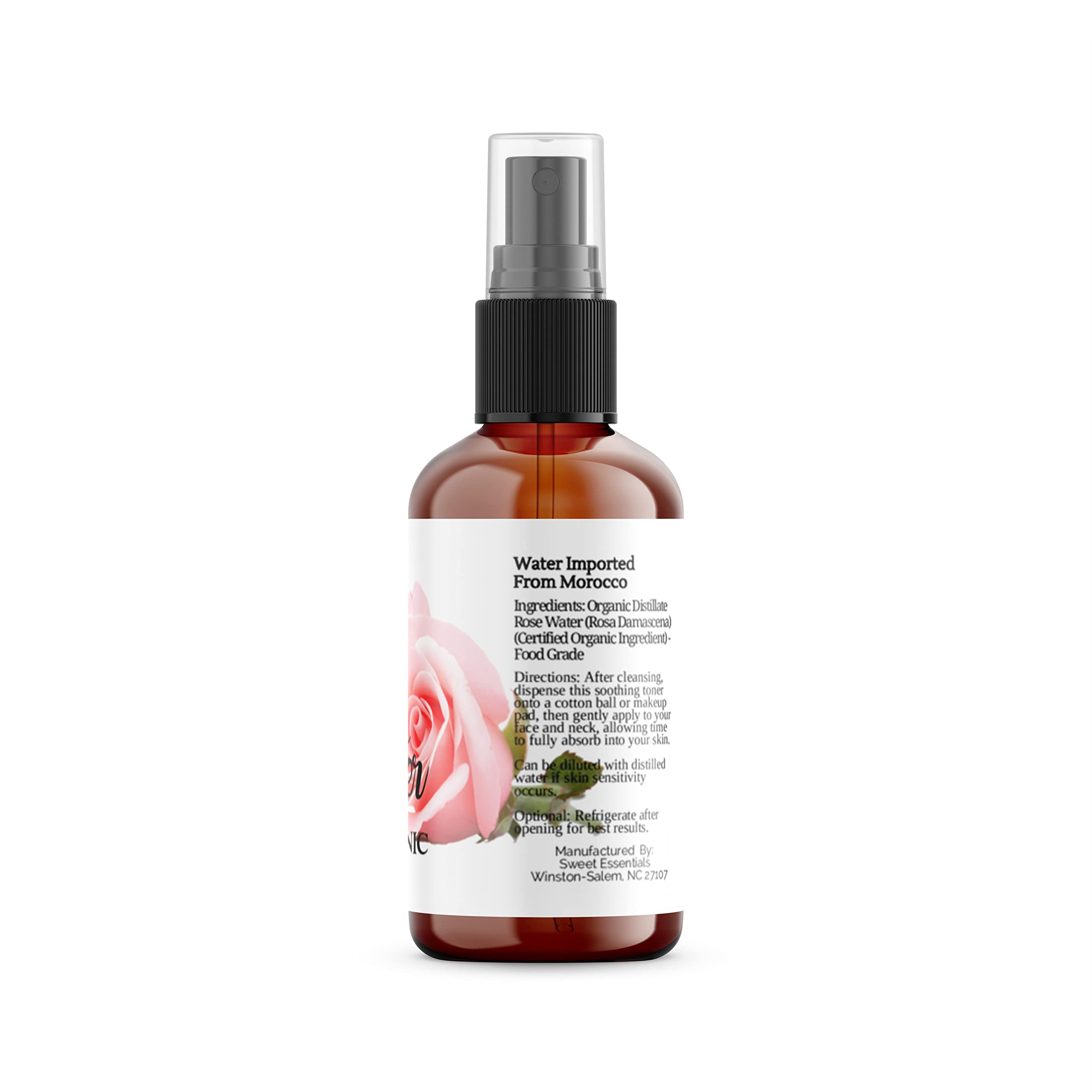 Premium Organic Moroccan Rose Water - 4oz W/Sprayer - Imported From Morocco - 100% Pure (Food Grade) No Oils or Alcohol - Rich in Vitamin A & C Perfect for Hydrating & Rejuvenating Your Face & Neck