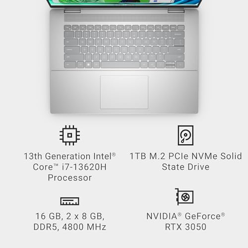 Dell Inspiron 7630 Laptop - 16.0-inch 16:10 2.5K (2560x1600) Display, Intel Core i7-13620H, 16GB LPDDR5 RAM, 1TB SSD, NVIDIA GeForce RTX 3050 GDDR6 Graphics, 1 Year Onsite Service - Platinum Silver