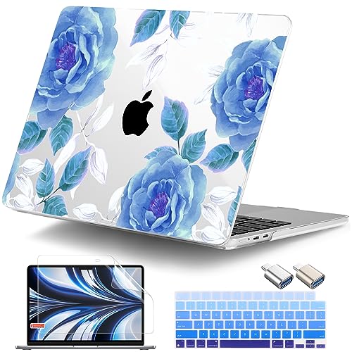 DONGKE for M3 MacBook Air 13.6 Inch Case 2025 2024-2022 A3113 A2681 M2 Touch ID, Plastic Hard Shell & Keyboard Cover & Screen Protector & Type C Adapter for MacBook Air M2 13 inch, Blue Roses