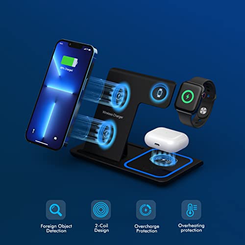 UUTO Wireless Charger, 3 in 1 Foldable Qi Wireless Charging Station for iPhone 14/13/13 Pro/13 Pro Max/Mini/12 11 Series/X/XS/XR/XS Max/8/8 Plus/SE 2, AirPods 3/2/Pro, iWatch Series 8/7/6/SE/5/4/3/2