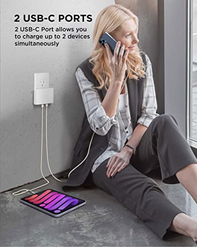 iHome Multiport USB-C Charger : AC Pro 2-Port Flat USB C Charger Block, Double USB C Wall Charger, Fast Charging Compatible USB-C Wall Charger (White)