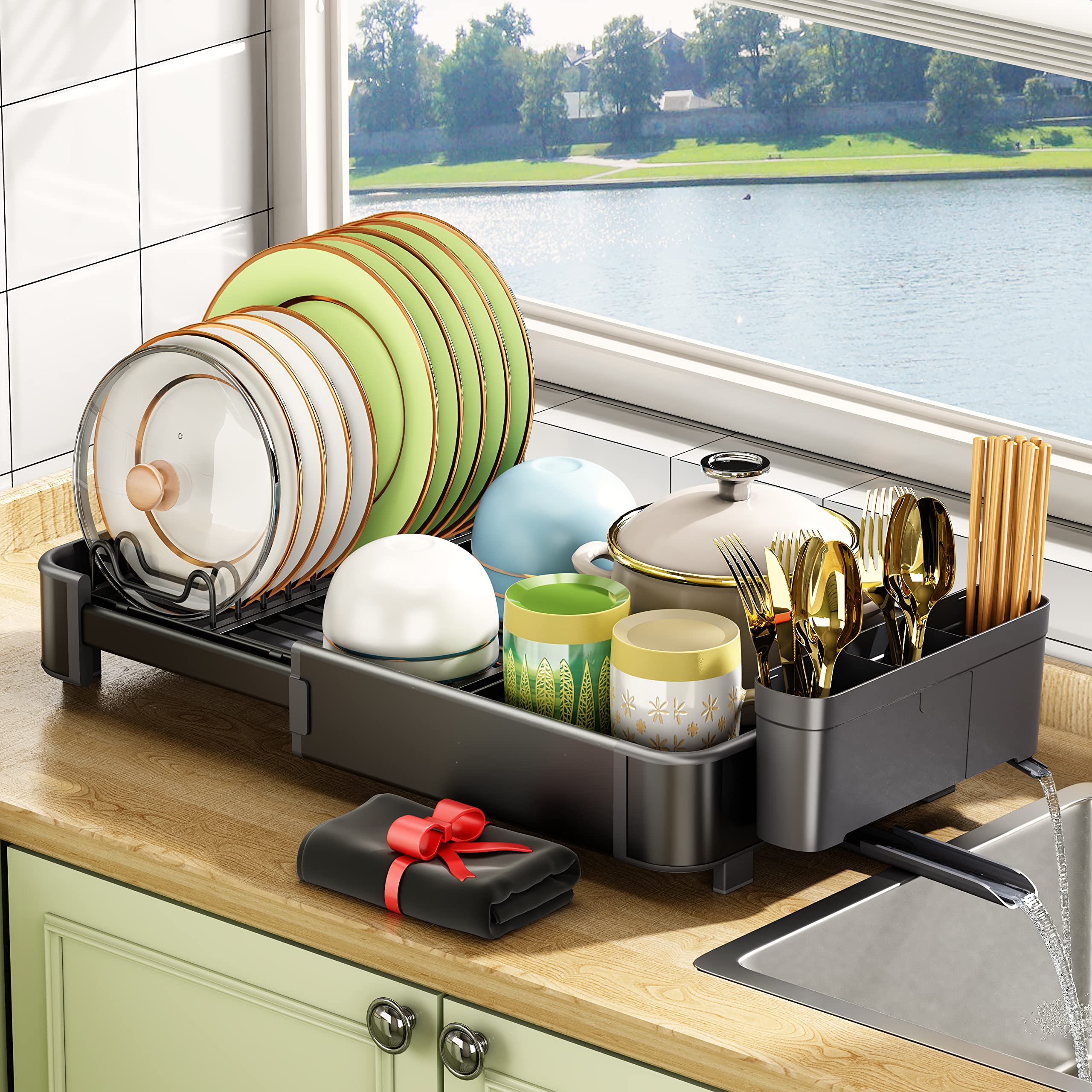 HERJOY Aluminium Dish Drying Rack, Dish Racks for Kitchen Counter, Expandable(14.9"-22.2") Kitchen Large Capacity Dish Drying Rack with Drainboard, Dish Rack with Utensil Holder(Drying Mat Gift)