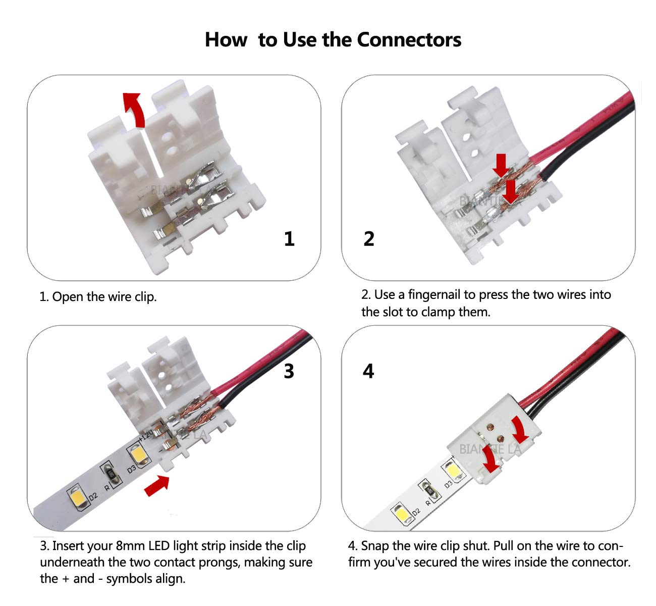 Biantie La 3528 2835 2 Pin 8mm LED Strip Connector Unwired Clips - DIY Strip to Wire Quick Solderless Connection for 12v 24v Single Color Led Strip Lights (Pack of 10)