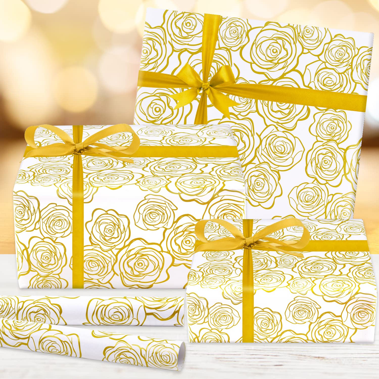 Wedding Wrapping Paper, 7 Sheets Golden Rose Pattern in White Art Paper with 1 Roll Gold Ribbon, 20 x 28 inch Per Sheet Folded Flat Gift Wrap for Weddings, Birthday, Baby Showers, Bridal Showers