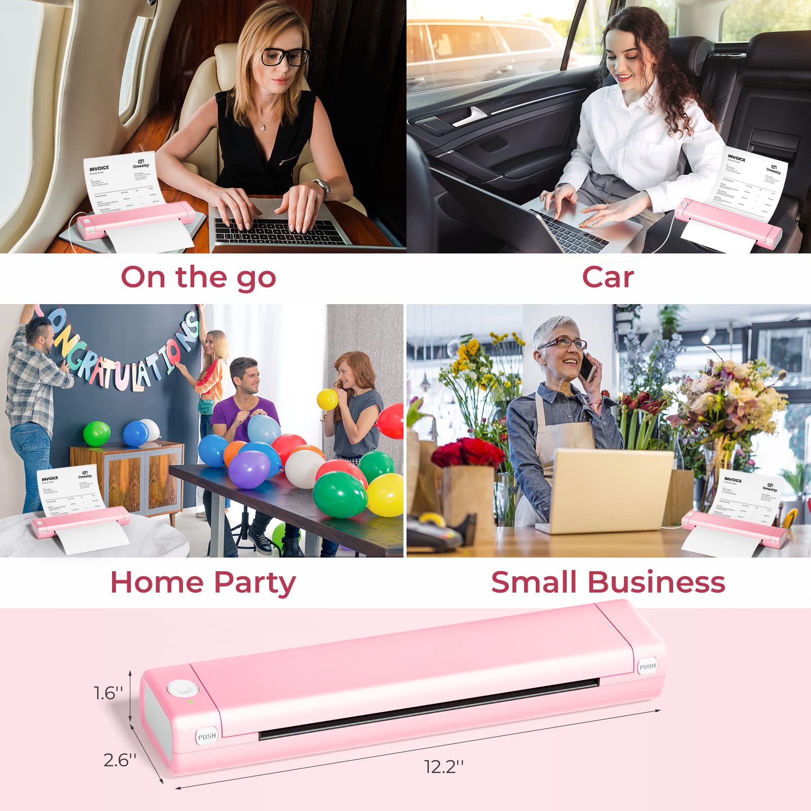 Portable Printers Wireless for Travel - Bluetooth Thermal Mobile Printer Support 8.5" X 11" Letter Size Thermal Paper, On the Go Inkless Portable Bluetooth Printer for Laptop, Phone and Ipad - Pink