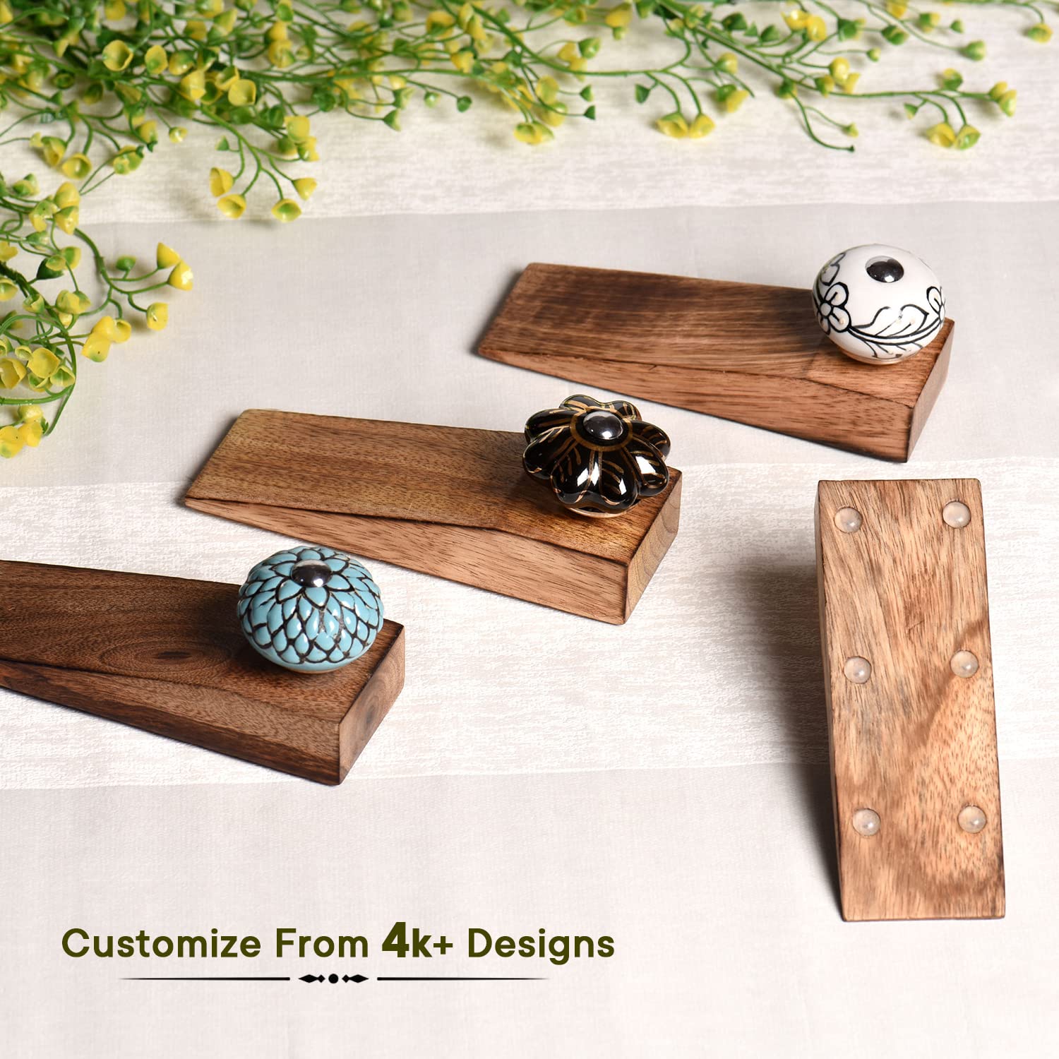 Indian Shelf Wooden Door Stopper | Handmade Green Door Wedge Stopper | Etched Stopper Door (13.97 Cm, 1 Piece)