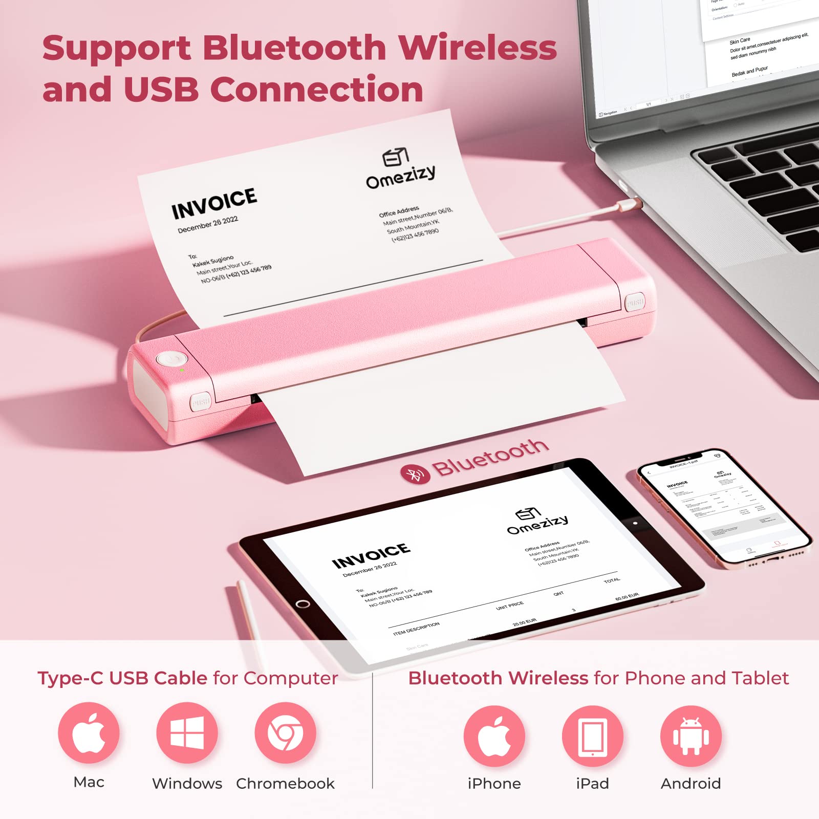 Portable Printers Wireless for Travel - Bluetooth Thermal Mobile Printer Support 8.5" X 11" Letter Size Thermal Paper, On the Go Inkless Portable Bluetooth Printer for Laptop, Phone and Ipad - Pink
