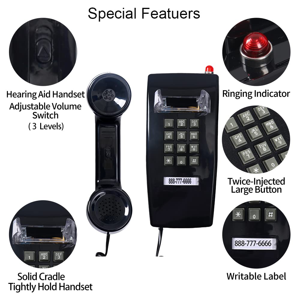 Classic Wall Phone for Landline with Mechanical Ringing, Single Line 2554 Wall Telephone with Indicator, Retro Wall Mounted Phone Waterproof, Old Wall Mount Phone for Kitchen,Home, Black