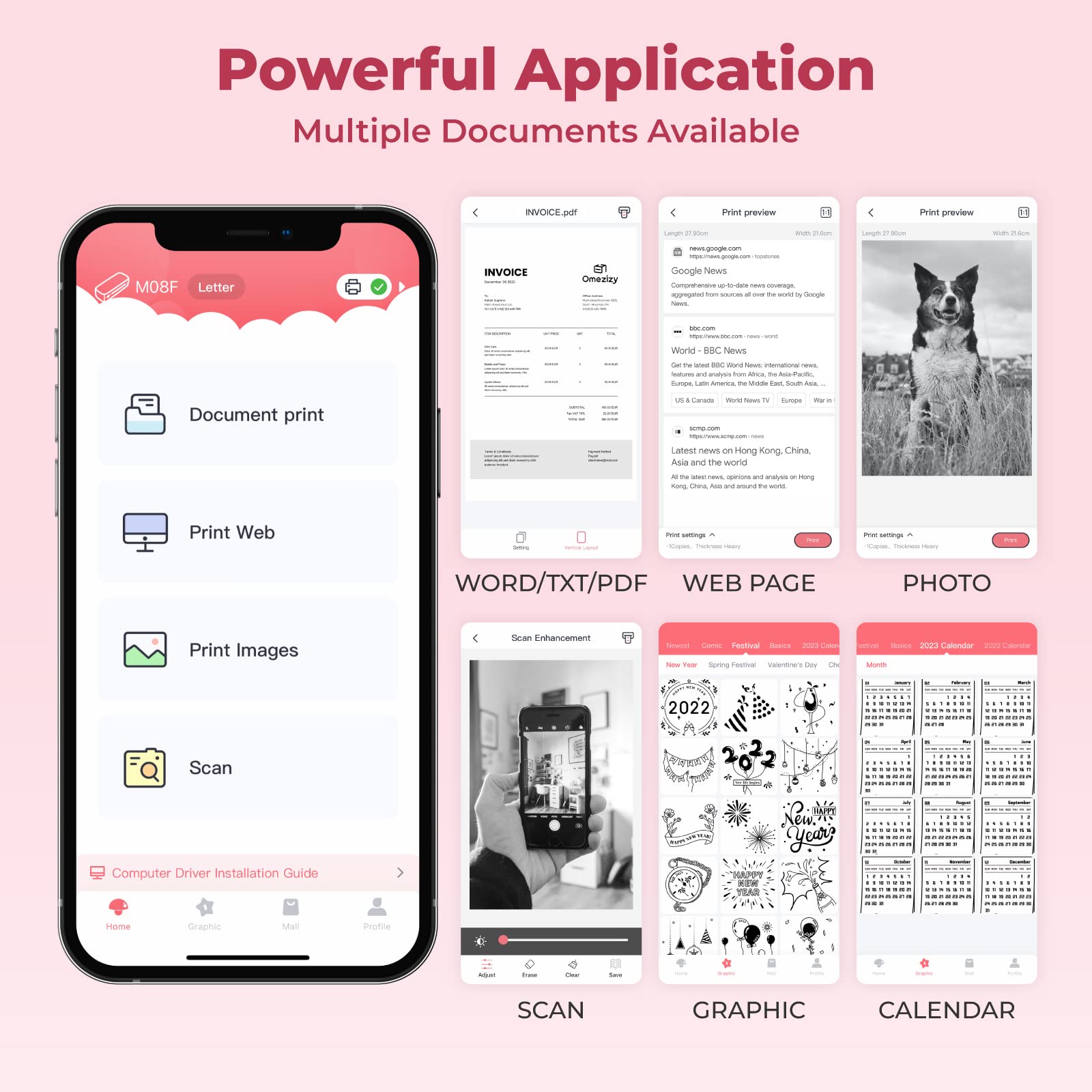 Portable Printers Wireless for Travel - Bluetooth Thermal Mobile Printer Support 8.5" X 11" Letter Size Thermal Paper, On the Go Inkless Portable Bluetooth Printer for Laptop, Phone and Ipad - Pink