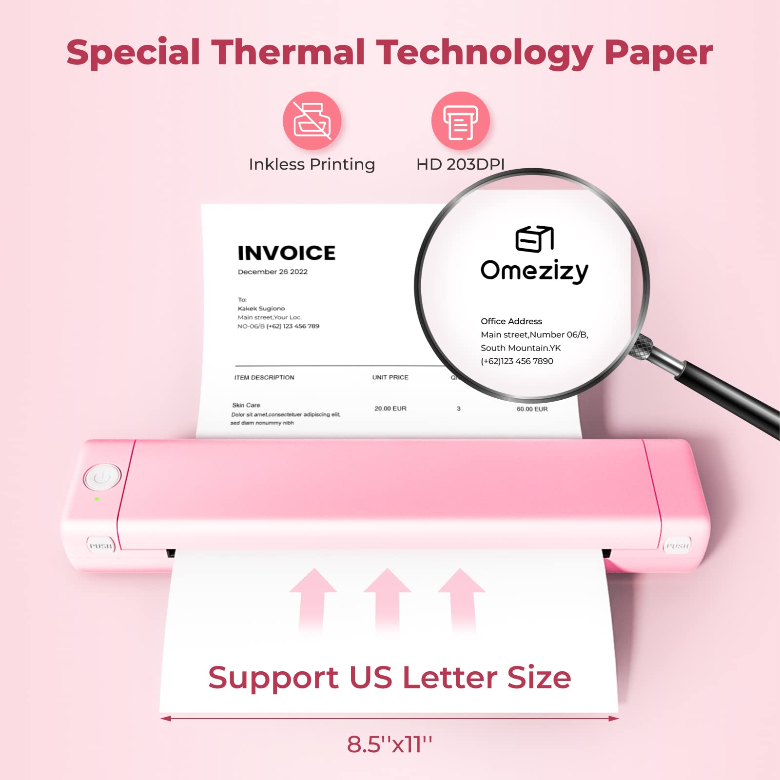 Portable Printers Wireless for Travel - Bluetooth Thermal Mobile Printer Support 8.5" X 11" Letter Size Thermal Paper, On the Go Inkless Portable Bluetooth Printer for Laptop, Phone and Ipad - Pink