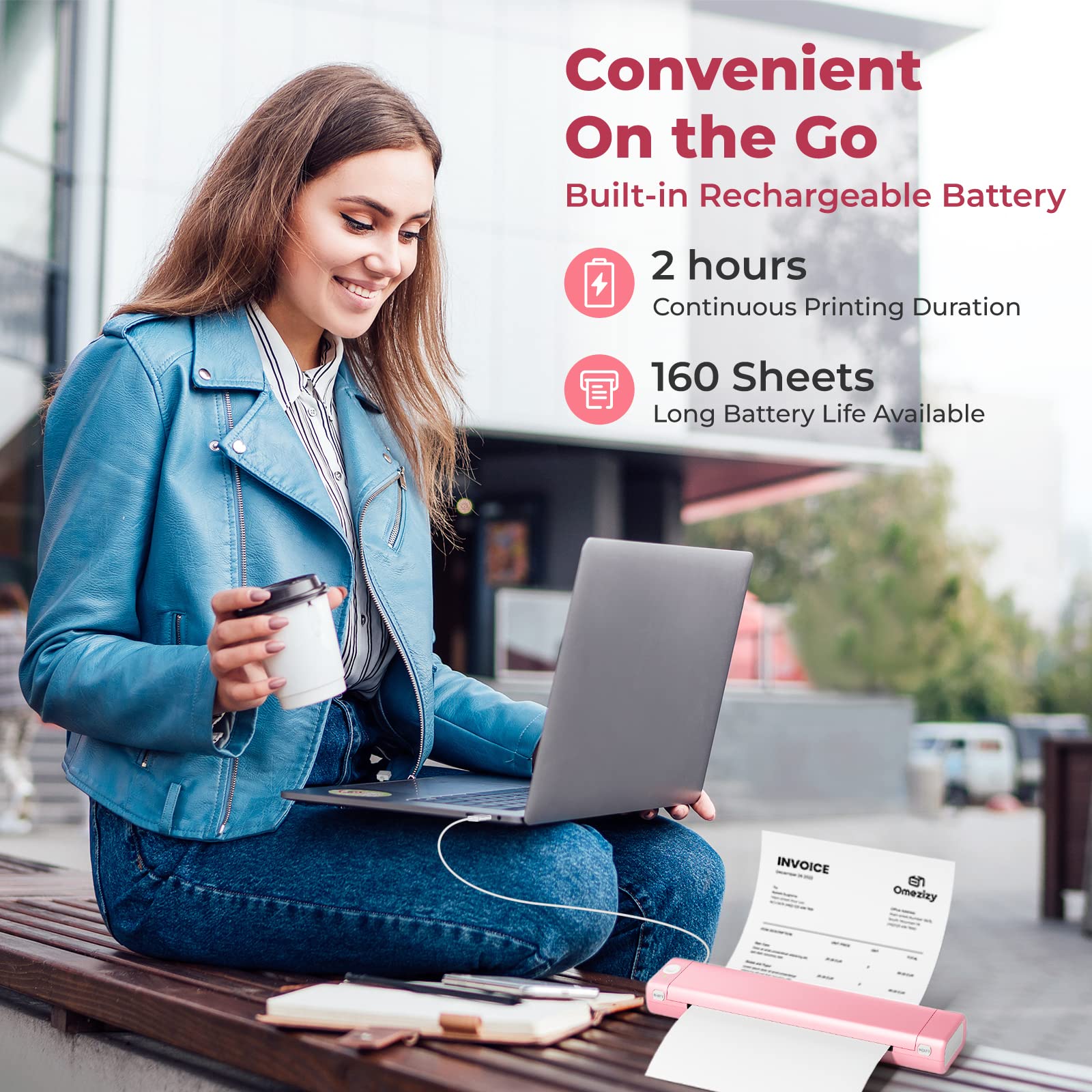 Portable Printers Wireless for Travel - Bluetooth Thermal Mobile Printer Support 8.5" X 11" Letter Size Thermal Paper, On the Go Inkless Portable Bluetooth Printer for Laptop, Phone and Ipad - Pink