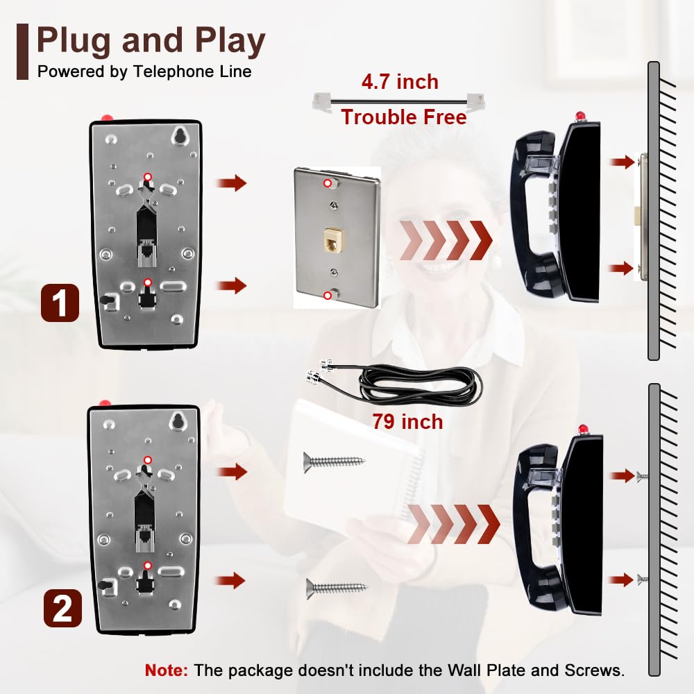 Classic Wall Phone for Landline with Mechanical Ringing, Single Line 2554 Wall Telephone with Indicator, Retro Wall Mounted Phone Waterproof, Old Wall Mount Phone for Kitchen,Home, Black