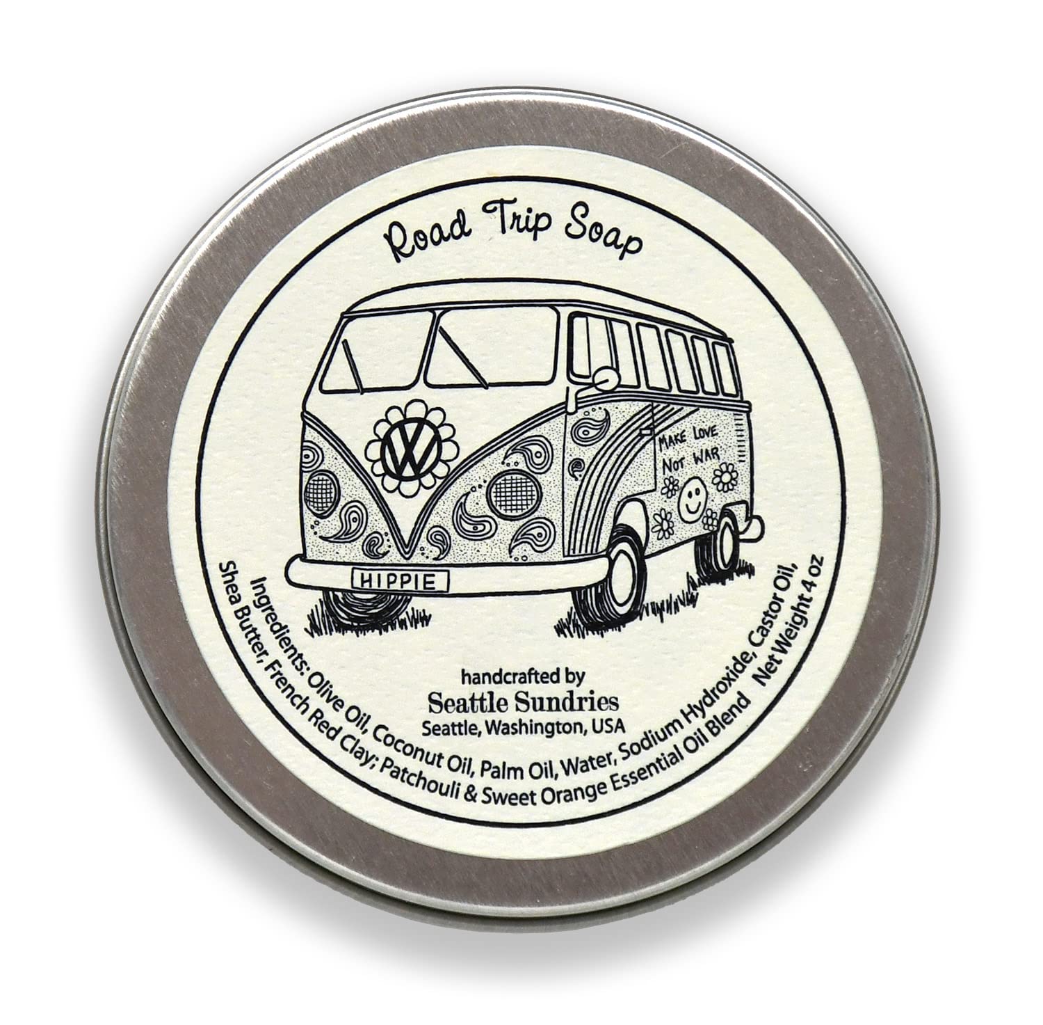 Seattle Sundries | Patchouli Soap Bar for Women & Men - 1 (4oz) Handmade Bar Soap in a Low Waste Travel Tin - Volkswagen Bus Gift.