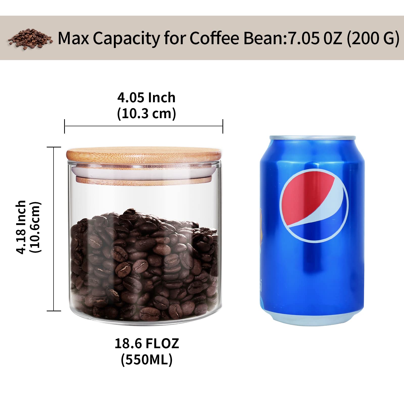 Food Storage Jar, 18.6 FL OZ (550 ML), [Thickened Version] 77L Glass Food Storage Jar with Airtight Seal Bamboo Lid - Modern Design Clear Food Storage Canister for Serving Tea, Coffee, Spice and More