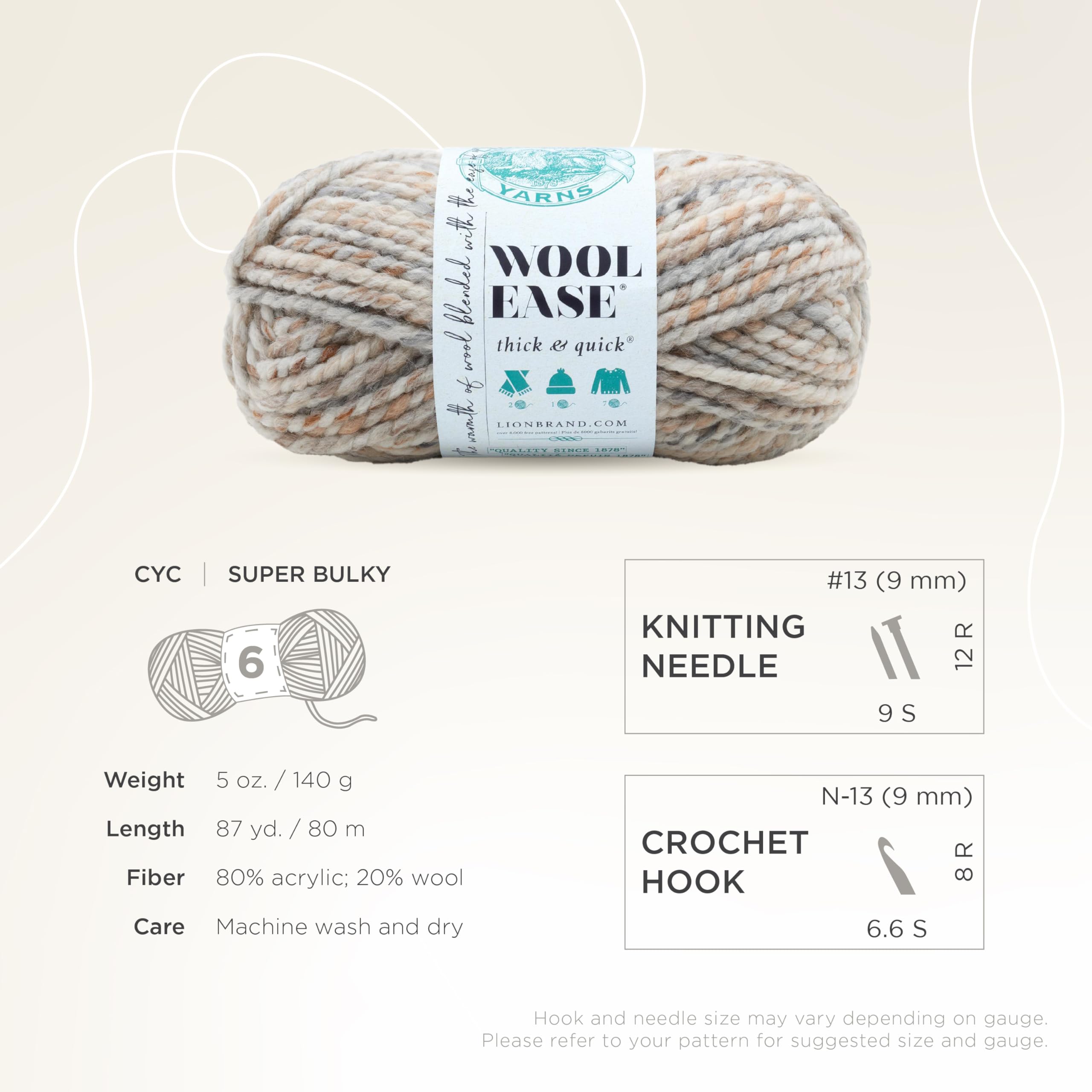 Lion Brand Yarn Wool-Ease Thick & Quick Yarn, Soft and Bulky Yarn for Knitting, Crocheting, and Crafting, 1 Skein, Fossil