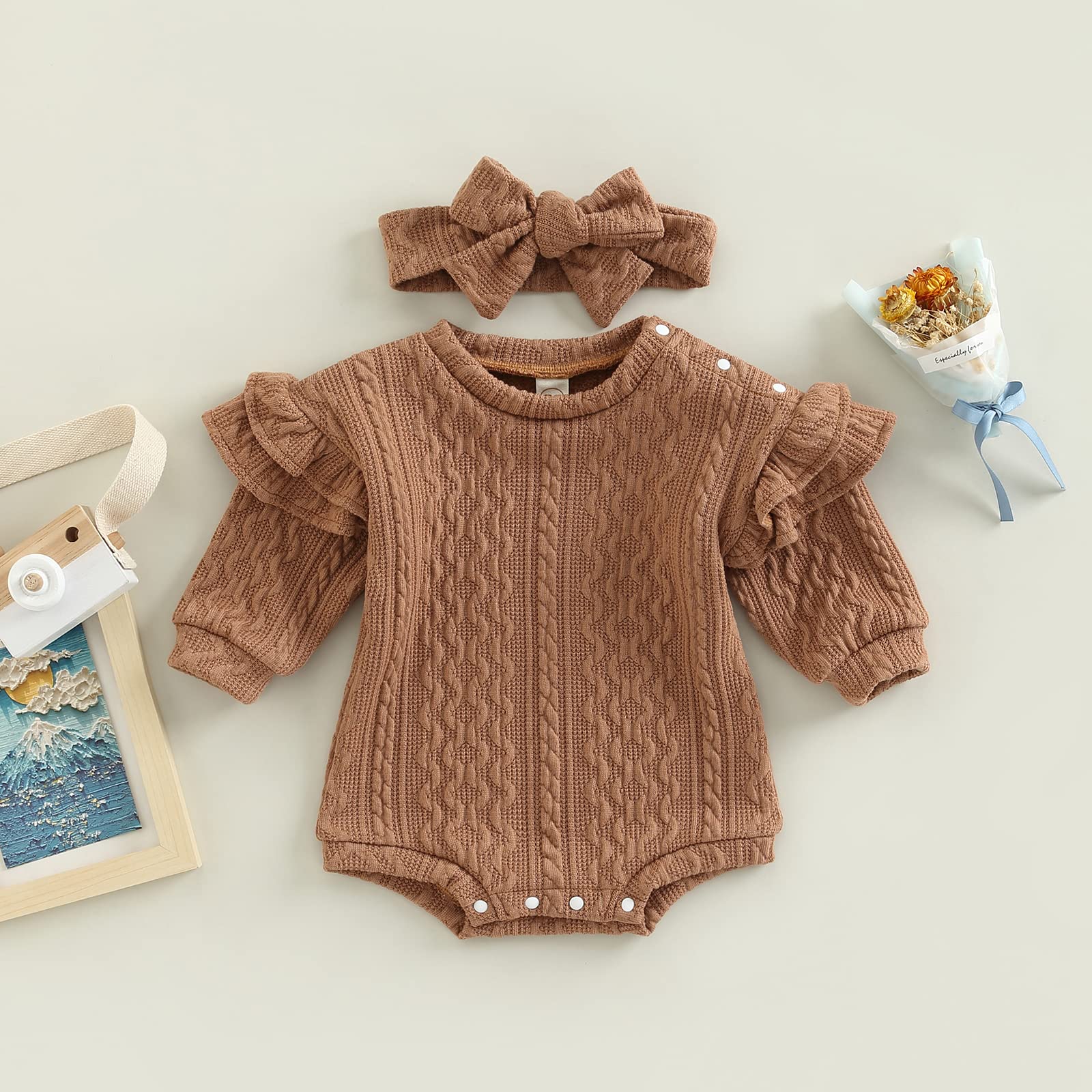 Infant Baby Girls Boys Romper Solid Color Knitted Round Neck Long Fly Sleeve Jumpsuits with Headband (Coffee, 0-6 Months)