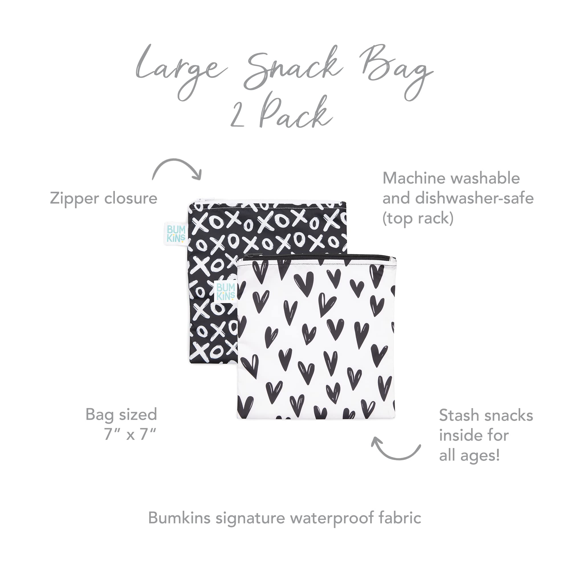 Bumkins Sandwich Bag / Snack Bag, Reusable Fabric, Washable, Food Safe, BPA Free, 7x7 - Hearts & XOXO (Pack of 2)