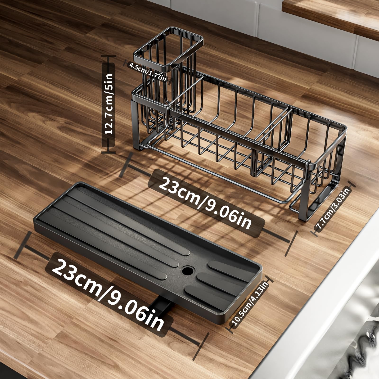 SWTYMIKI Kitchen Sink Caddy Organizer with Dishcloth Holder, Rustproof Stainless Steel Sponge Holder for Kitchen Sink with Removable Drain Tray, Sink Organizer for Sponge Dishcloth Brush in Black