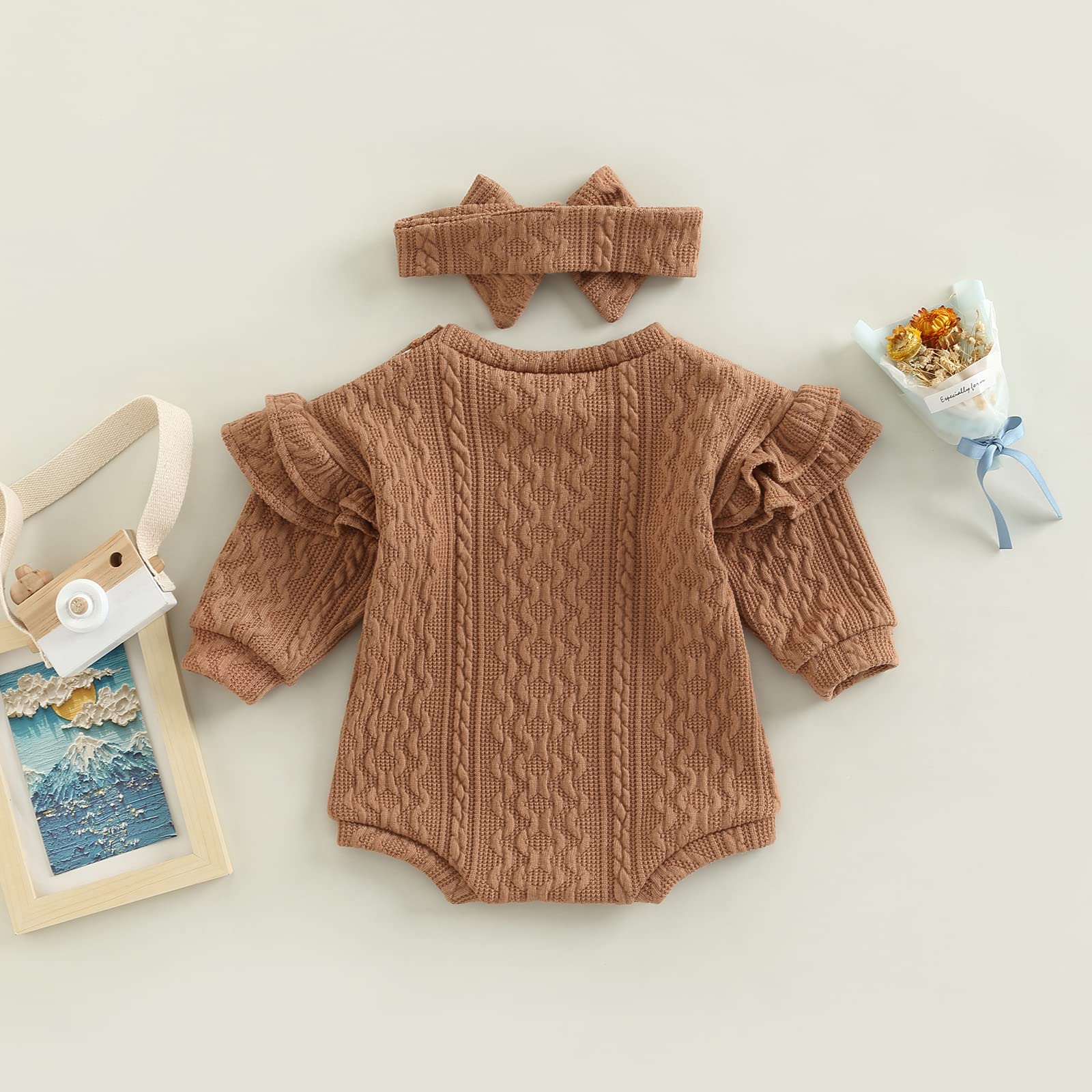 Infant Baby Girls Boys Romper Solid Color Knitted Round Neck Long Fly Sleeve Jumpsuits with Headband (Coffee, 0-6 Months)