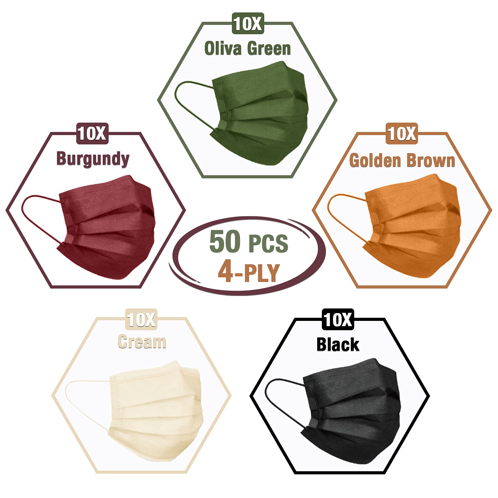 FriCARE Disposable Individually Wrapped Face Masks 4 Ply 50PCS, Colorful Breathable Safety Mask for Adults Women Man