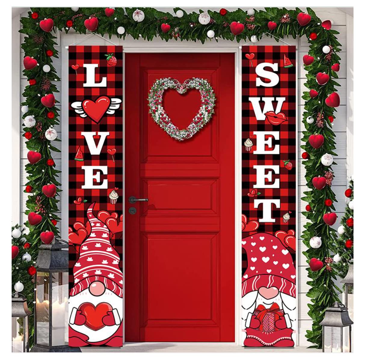 Gnome Valentine's Day Porch Sign Heart Banner Sweet Love XOXO Cutouts Door Sign Porch Sign Outdoor Indoor Be Mine Valentines Day Party Hanging Decor (RED)