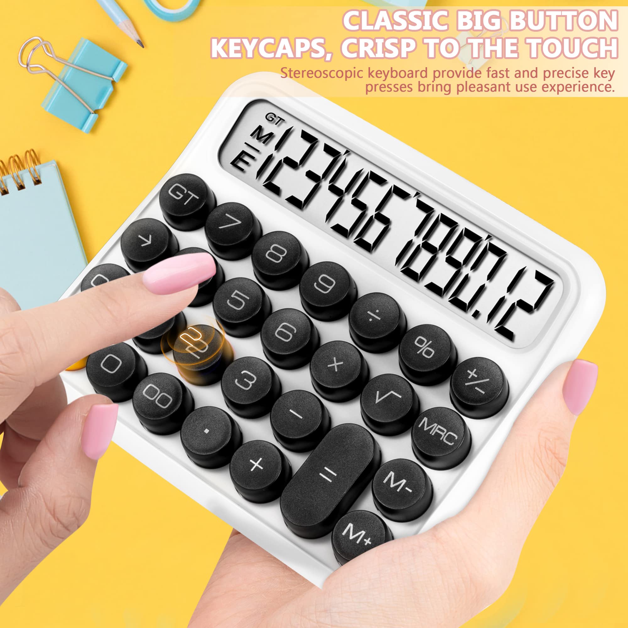 GUDTEKE Mechanical Switch Calculator, Pink Calculator Cute 12 Digit Large LCD Display Big Button Calculator Clear Standard for Daily and Basic Office,Automatic Sleep,with Battery
