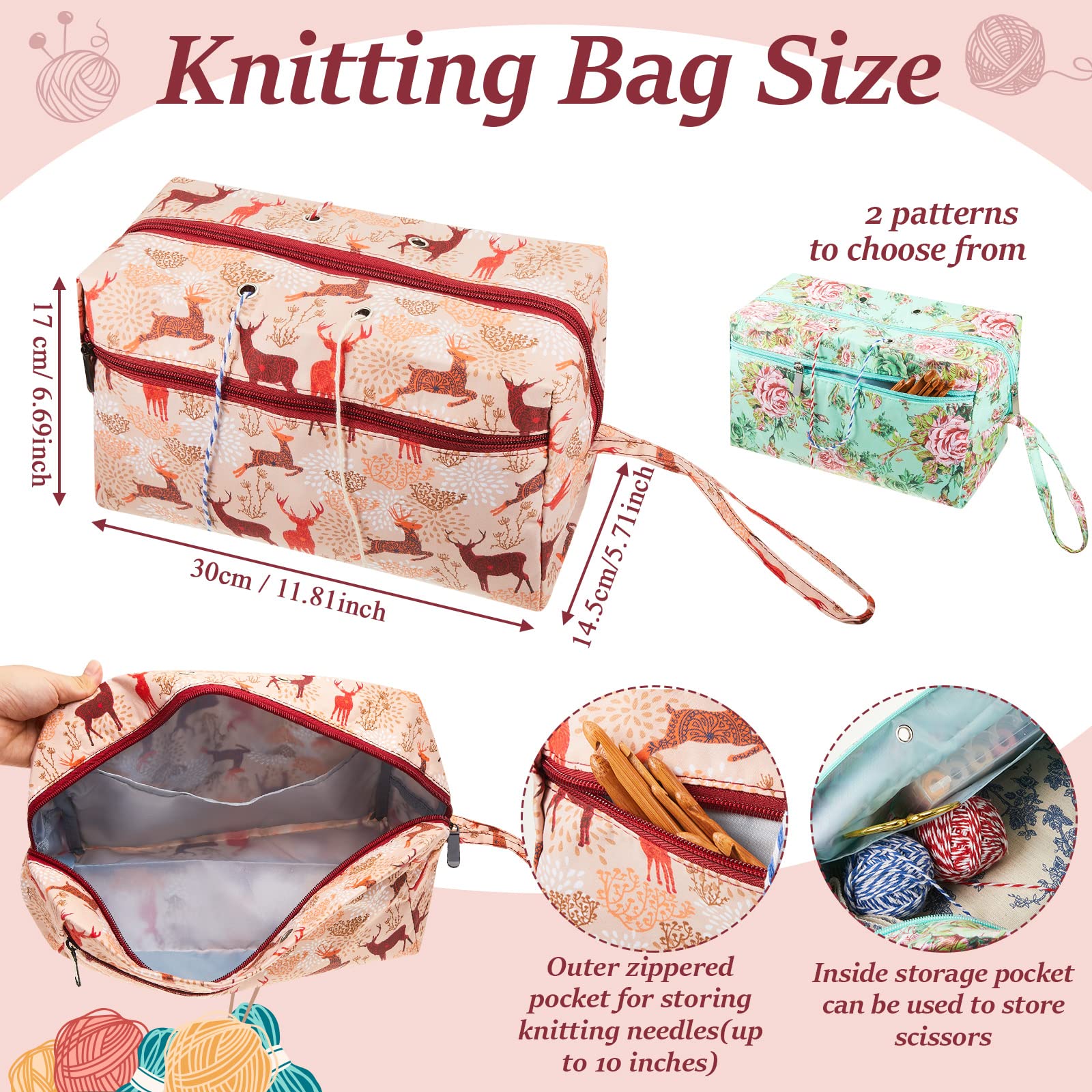 2 Pieces Yarn Crochet Bag Carrying Knitting Bag Yarn Bags for Crocheting Yarn Storage Organizer with Zipper Closure and Pocket for Yarn Skeins Crochet Hooks Knitting Needles Small Project Accessories