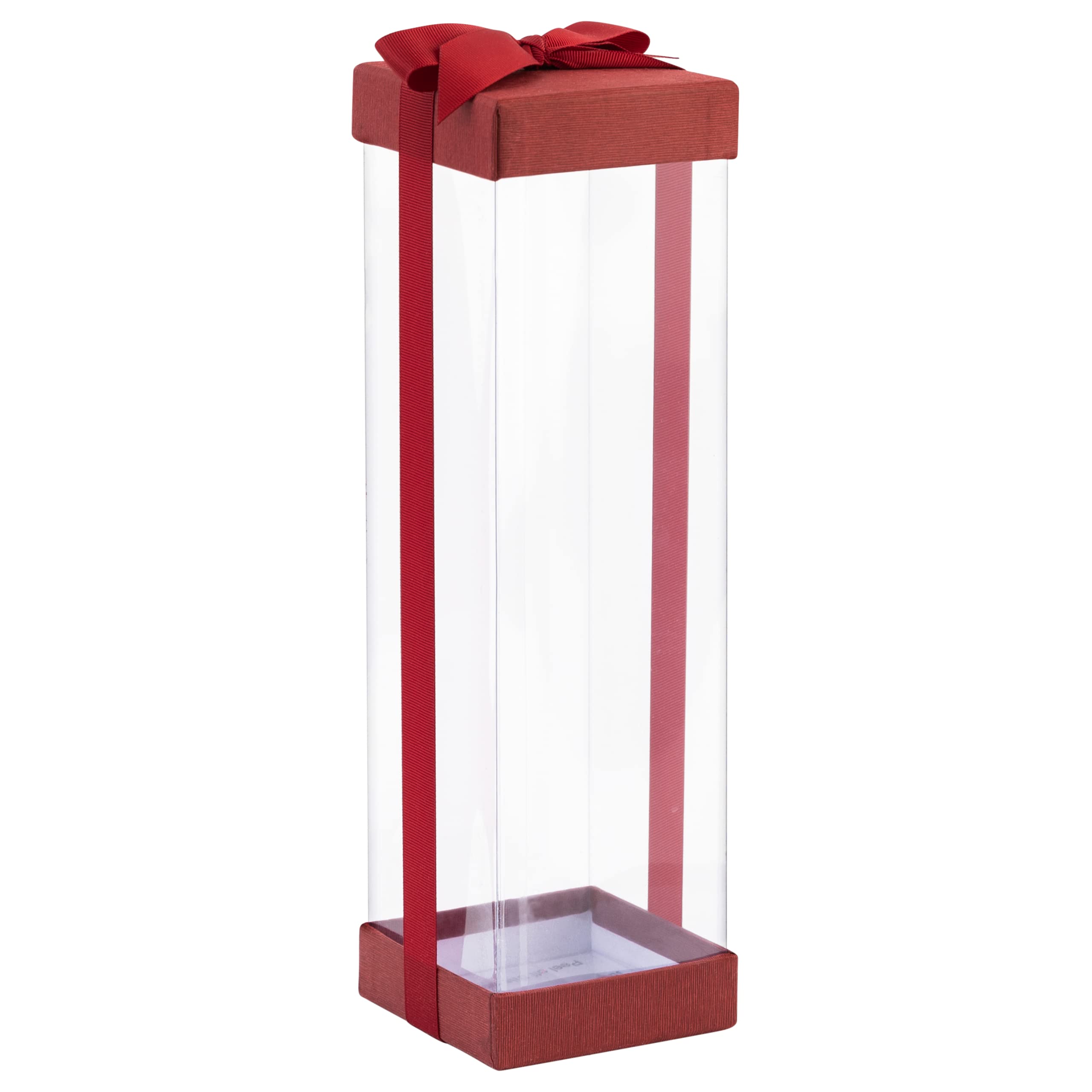 Hammont Clear Plastic Wine Bottle Gift Boxes (6 Pack) Wine Boxes with Base, Lid & Ribbon | For Wine, Whiskey, Vodka & All Bottle Gifts (Maroon, 3.5x3.5 x12.75)