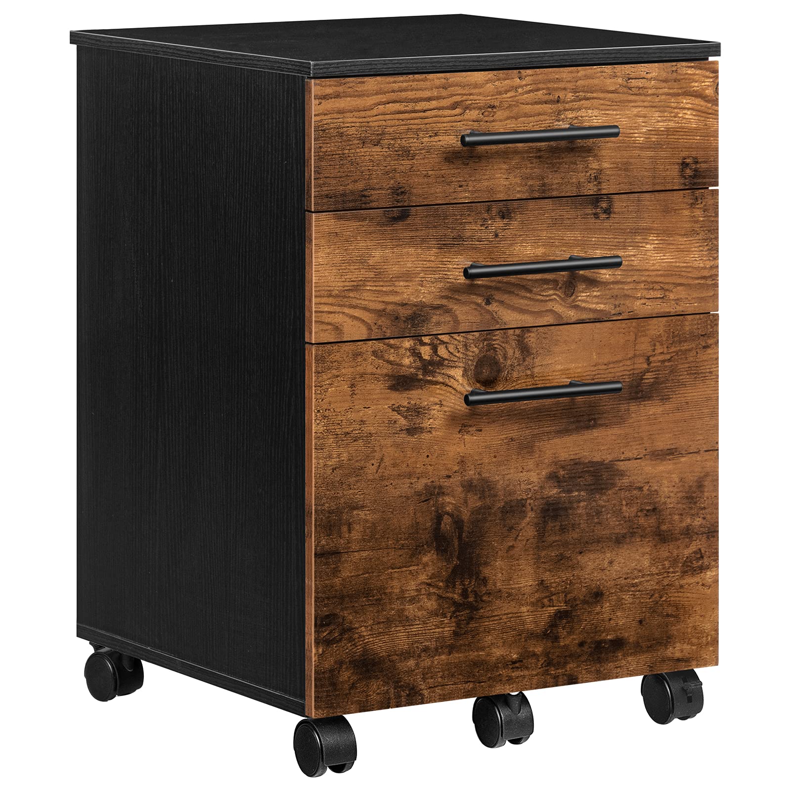 HOOBRO 3 Drawers File Cabinet, Rolling Filing Cabinet, Office Cabinet for Home Office, Mobile Pedestal on 5 Wheels, for A4, Letter Size, Hanging File Folders, Rustic Brown and Black BF02WJ01G1