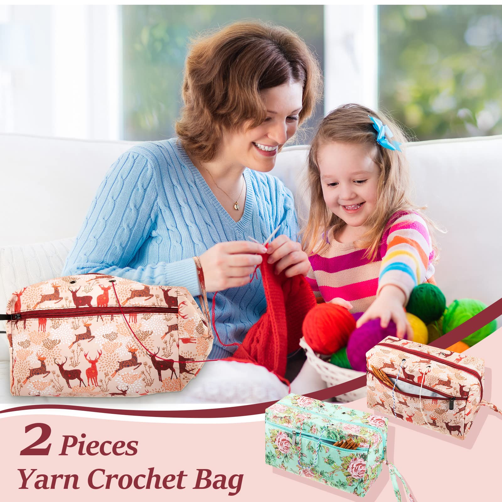 2 Pieces Yarn Crochet Bag Carrying Knitting Bag Yarn Bags for Crocheting Yarn Storage Organizer with Zipper Closure and Pocket for Yarn Skeins Crochet Hooks Knitting Needles Small Project Accessories