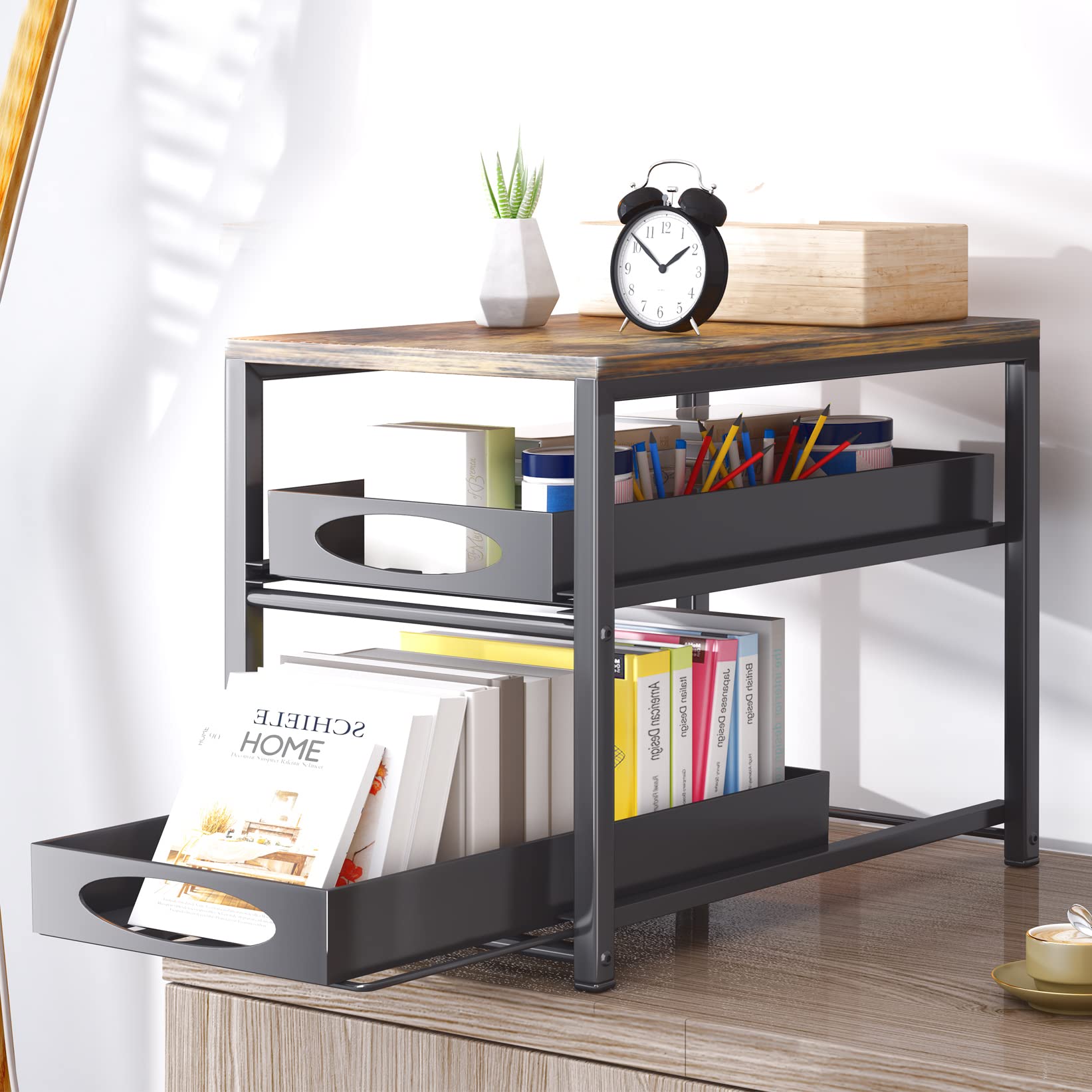 Under Sink Organizers and Storage, 2-Tier Sliding Under Bathroom Cabinet Storage Drawer Organizer with Solid Rustic Wood Top, Multi-purpose Under Sink Shelf Organizer for Home, Kitchen, Bathroom