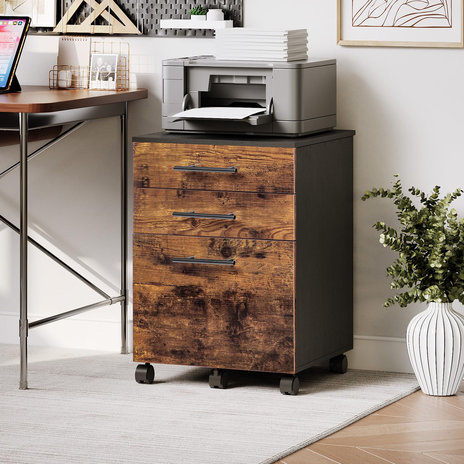 HOOBRO 3 Drawers File Cabinet, Rolling Filing Cabinet, Office Cabinet for Home Office, Mobile Pedestal on 5 Wheels, for A4, Letter Size, Hanging File Folders, Rustic Brown and Black BF02WJ01G1
