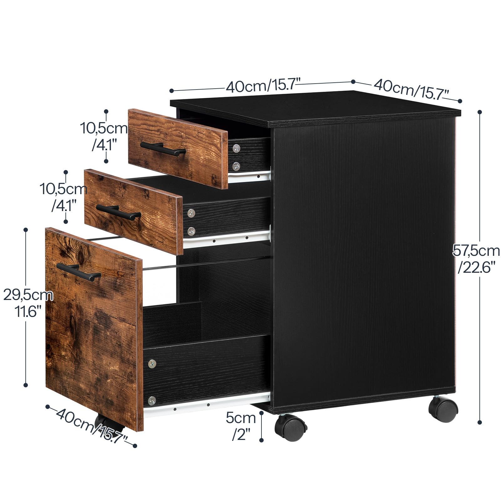 HOOBRO 3 Drawers File Cabinet, Rolling Filing Cabinet, Office Cabinet for Home Office, Mobile Pedestal on 5 Wheels, for A4, Letter Size, Hanging File Folders, Rustic Brown and Black BF02WJ01G1