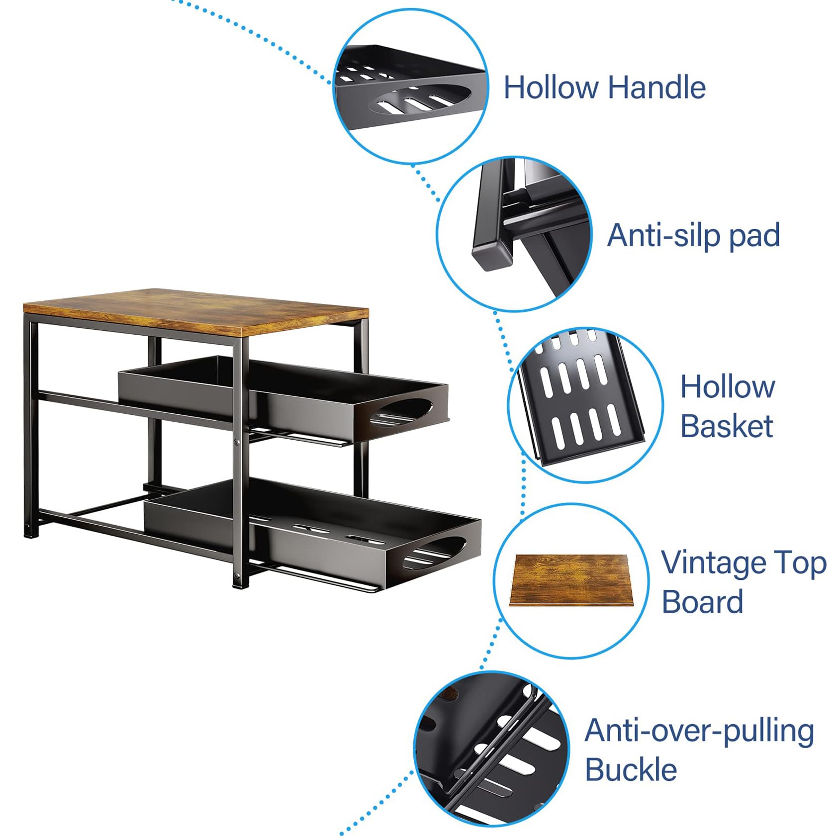 Under Sink Organizers and Storage, 2-Tier Sliding Under Bathroom Cabinet Storage Drawer Organizer with Solid Rustic Wood Top, Multi-purpose Under Sink Shelf Organizer for Home, Kitchen, Bathroom