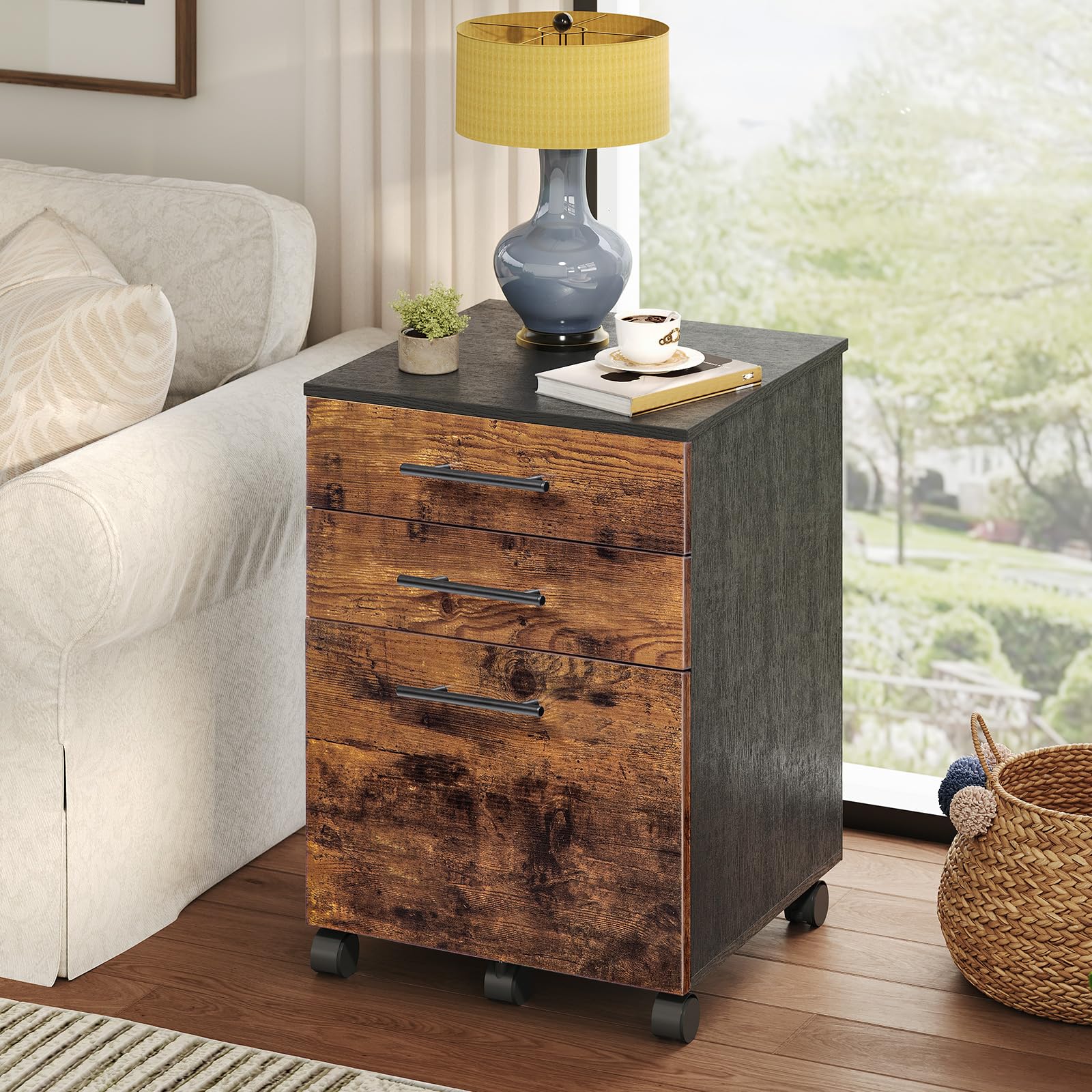 HOOBRO 3 Drawers File Cabinet, Rolling Filing Cabinet, Office Cabinet for Home Office, Mobile Pedestal on 5 Wheels, for A4, Letter Size, Hanging File Folders, Rustic Brown and Black BF02WJ01G1