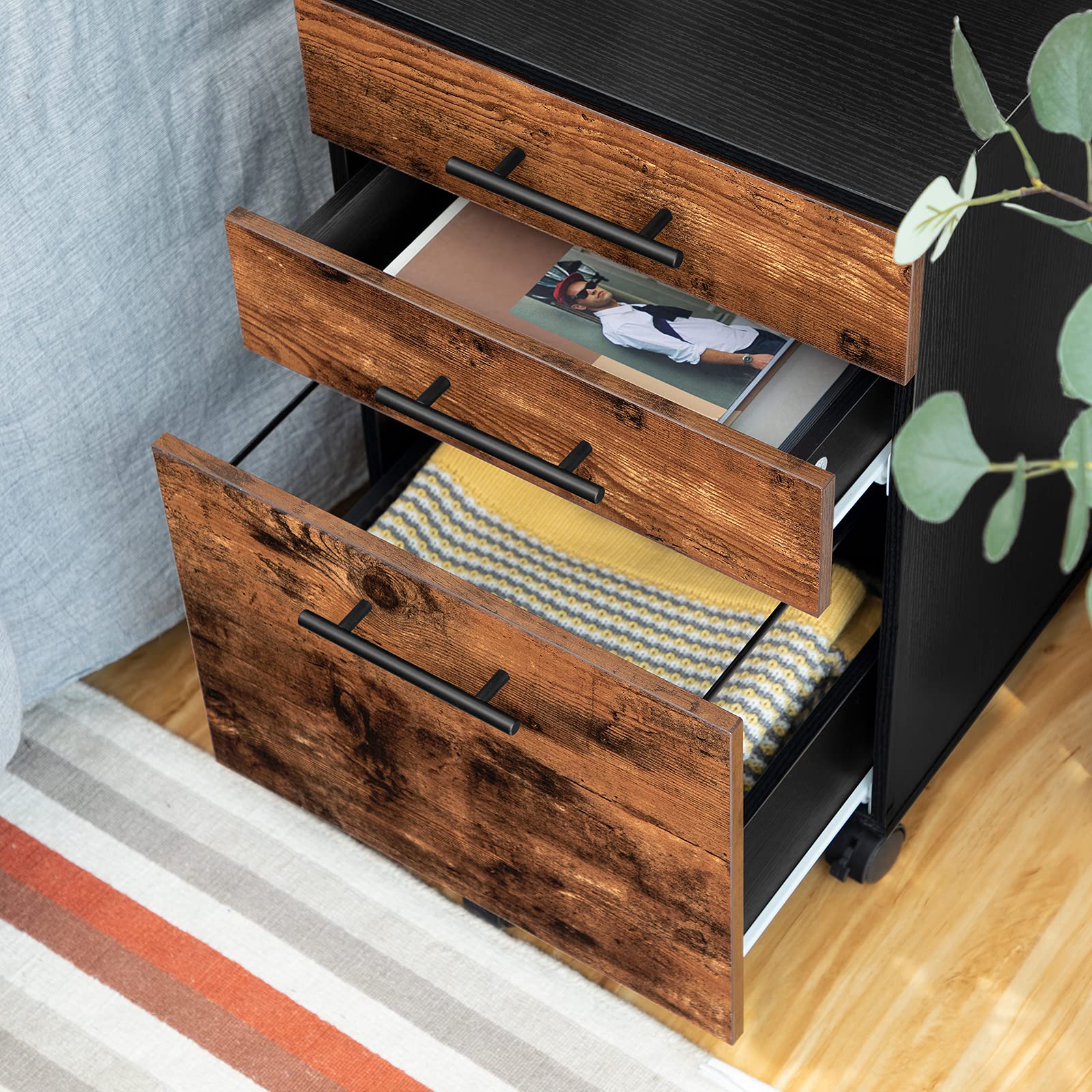 HOOBRO 3 Drawers File Cabinet, Rolling Filing Cabinet, Office Cabinet for Home Office, Mobile Pedestal on 5 Wheels, for A4, Letter Size, Hanging File Folders, Rustic Brown and Black BF02WJ01G1